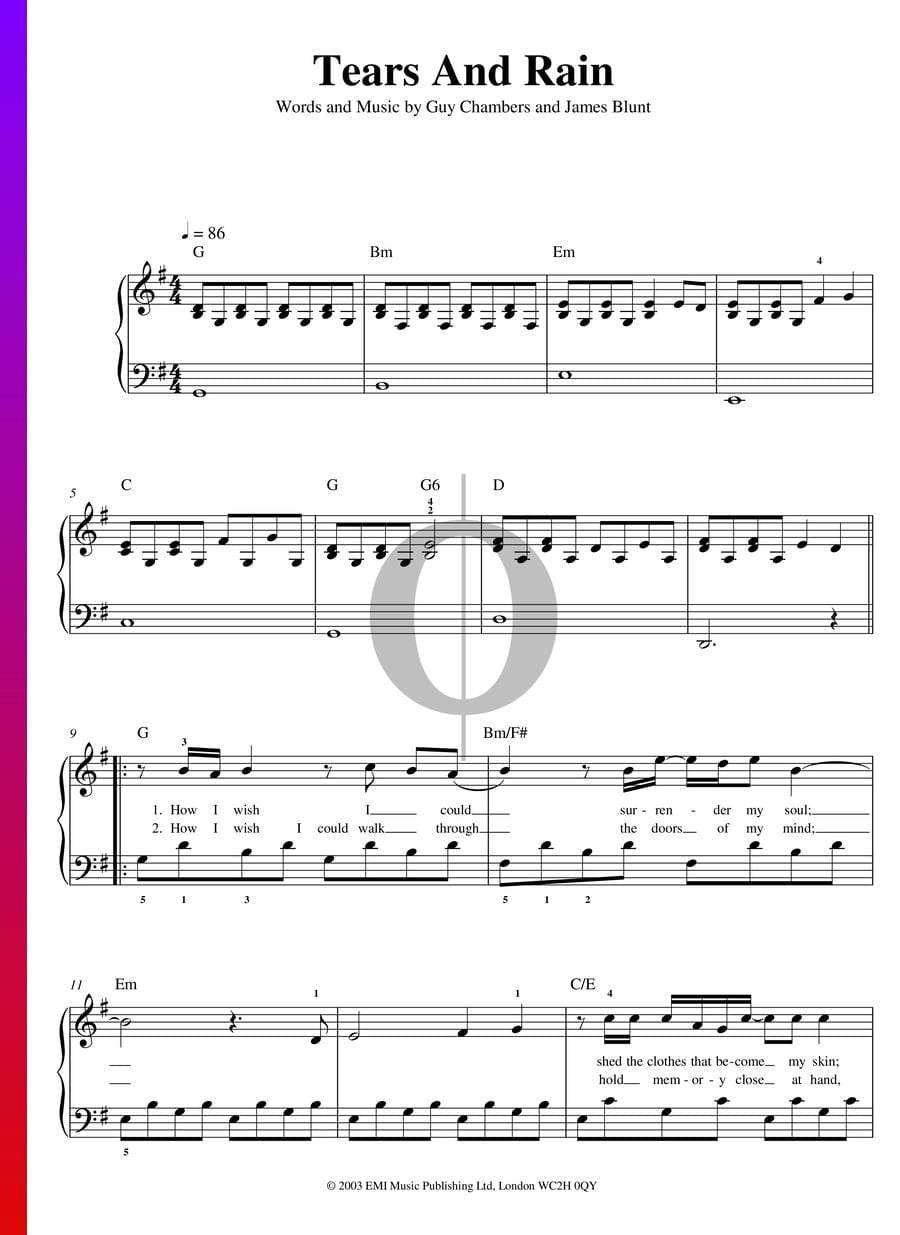 Tears And Rain (James Blunt) Piano Sheet Music - OKTAV