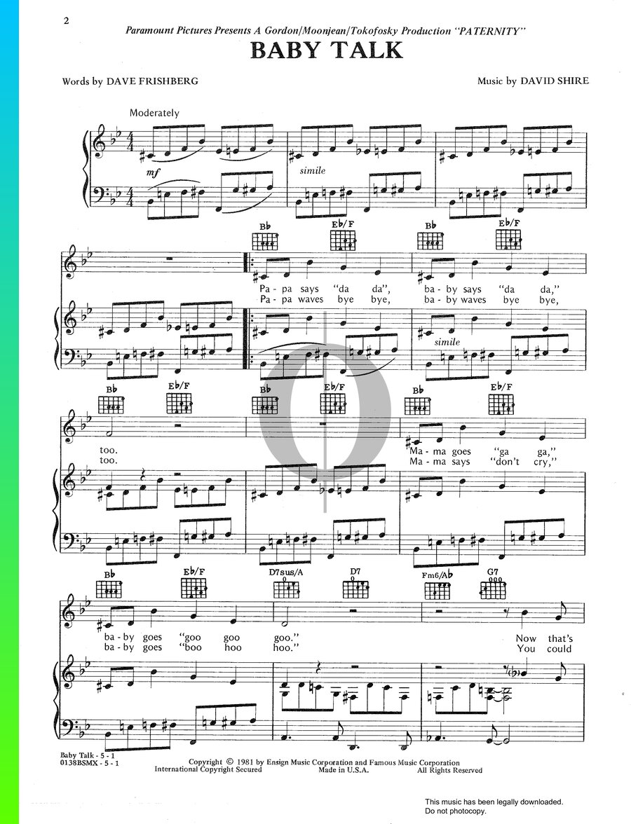 Baby Talk Piano Sheet Music from Peternity by David Shire - OKTAV