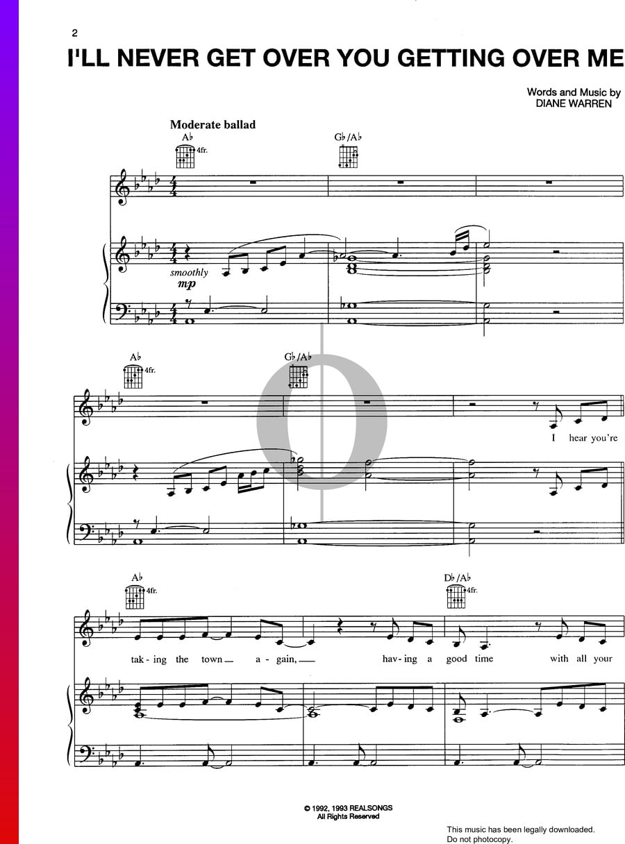 I'll Never Get Over You Getting Over Me Spartito (Pianoforte, Chitarra ...