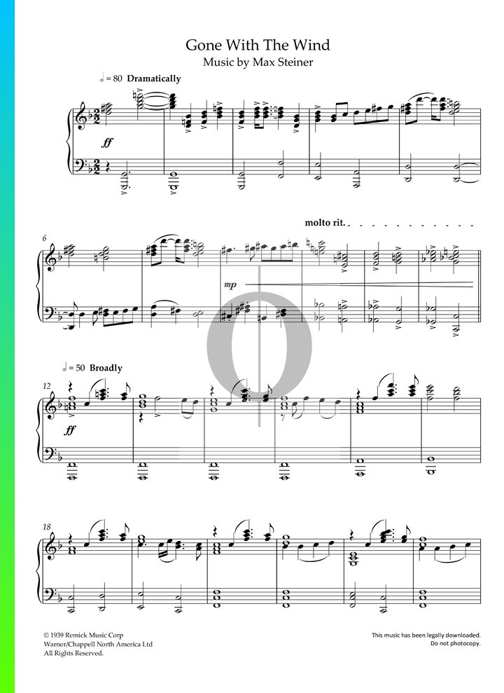 Gone With The Wind Piano Sheet Music from by Max Steiner - OKTAV