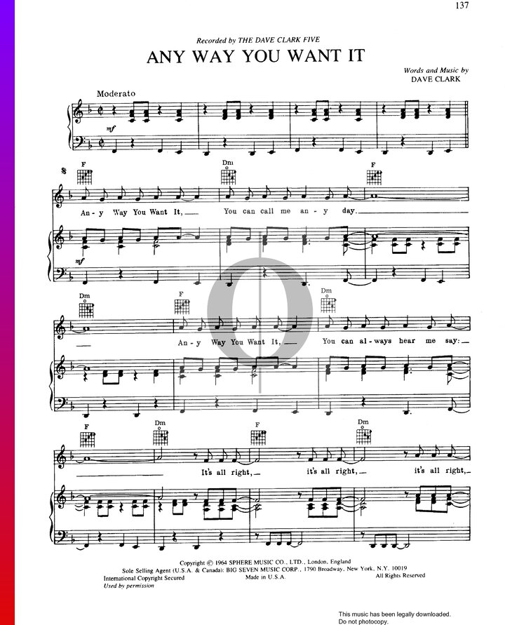 Any Way You Want It (The Dave Clark Five) Piano Sheet Music - OKTAV