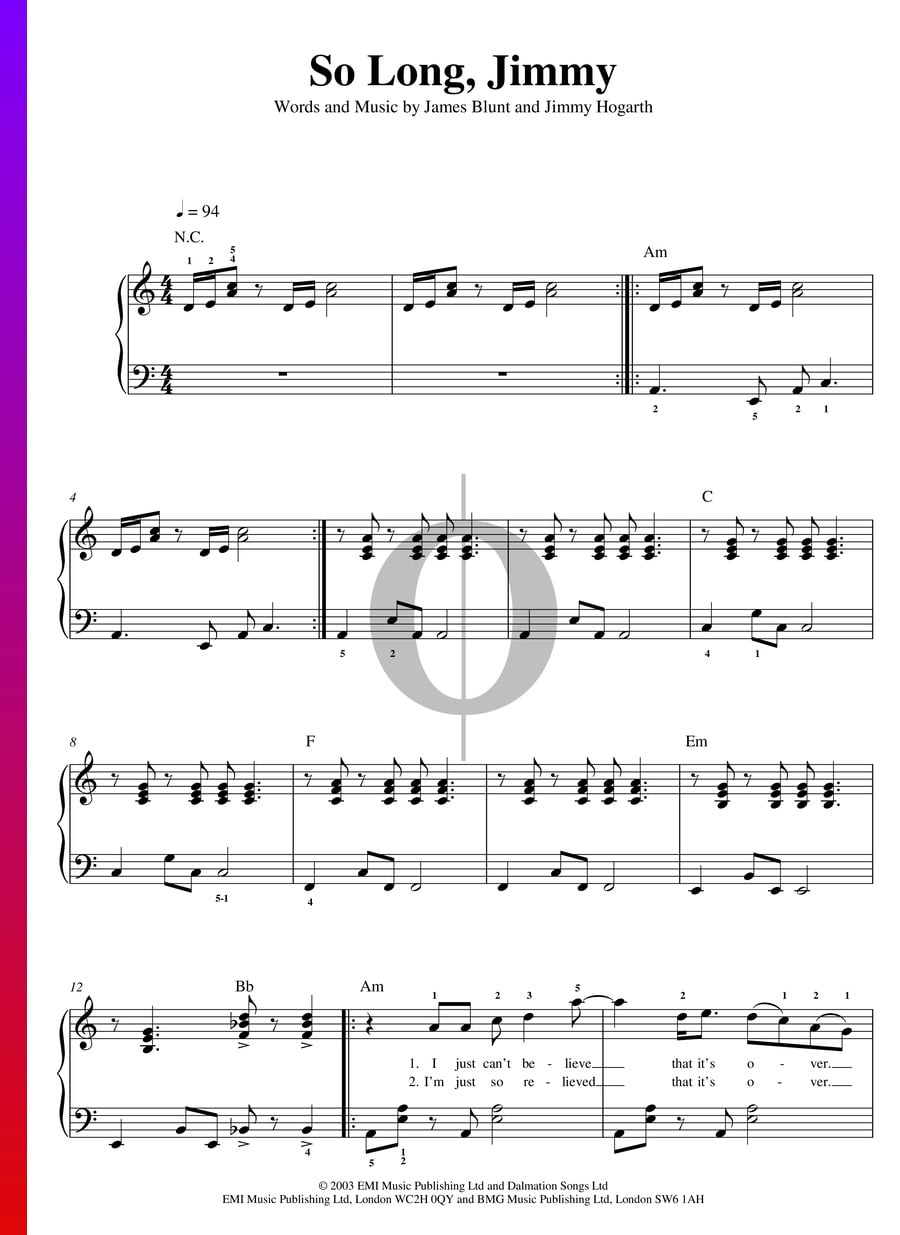 So Long, Jimmy (James Blunt) Piano Sheet Music - OKTAV