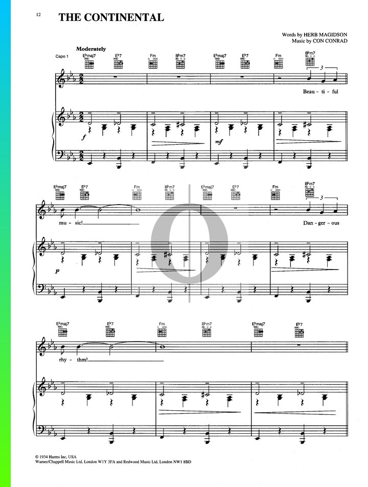 The Continental Piano Sheet Music from The Gay Divorcee by Con Conrad ...