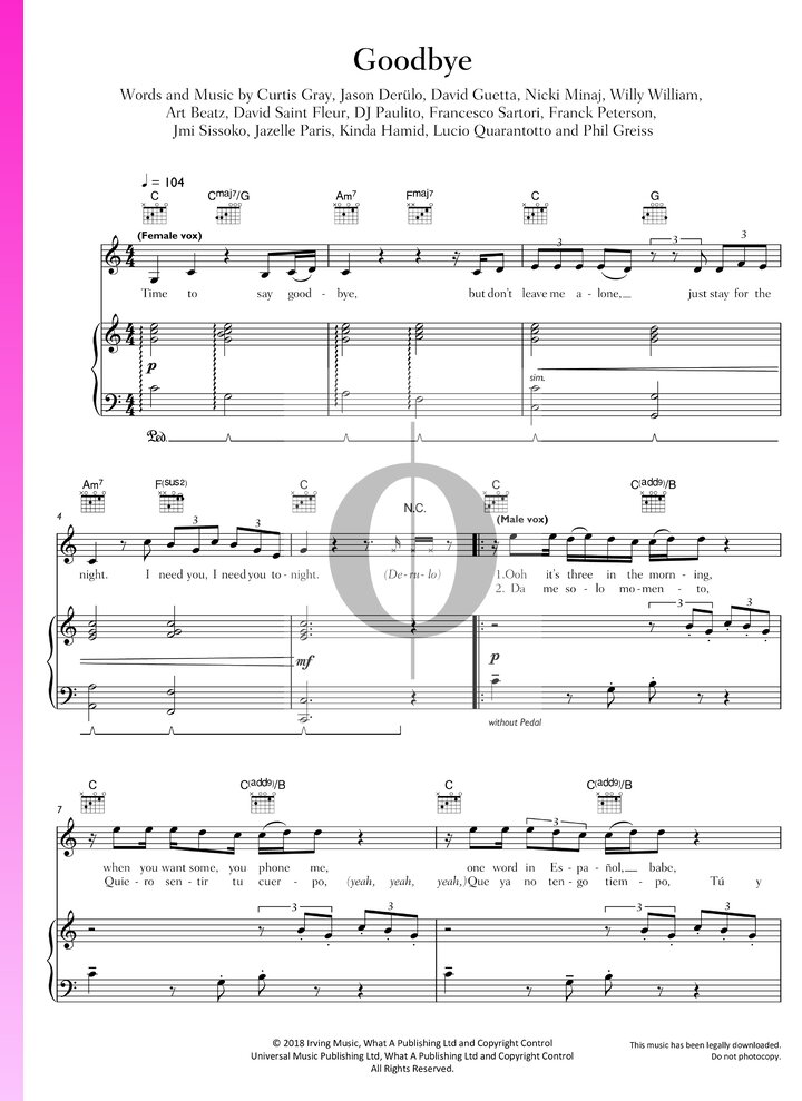 Goodbye (David Guetta, Jason Derulo) Piano Sheet Music - OKTAV