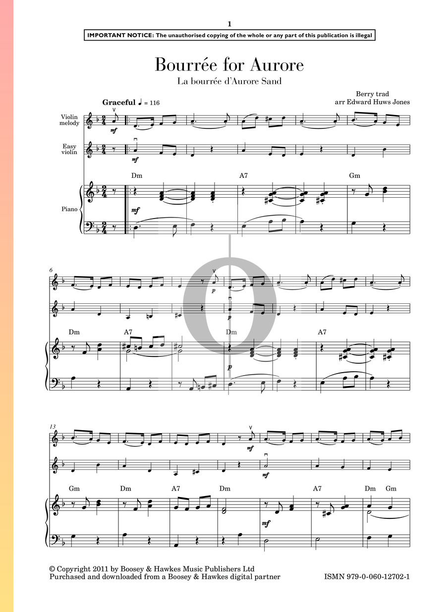 Bourrée For Aurore (Anonymous) Piano Sheet Music - OKTAV