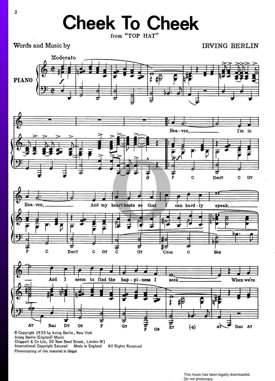Cheek To Cheek (Fred Astaire, Ginger Rogers) Piano Sheet Music - OKTAV