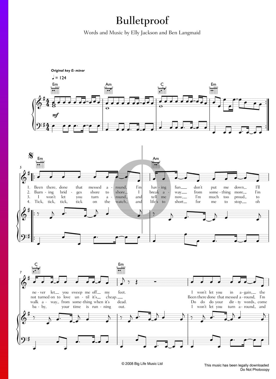 Bulletproof (La Roux) Piano Sheet Music - OKTAV