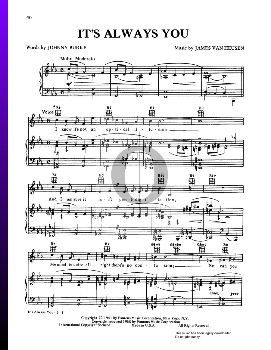 It's Always You (Jimmy Van Heusen) Piano Sheet Music - OKTAV