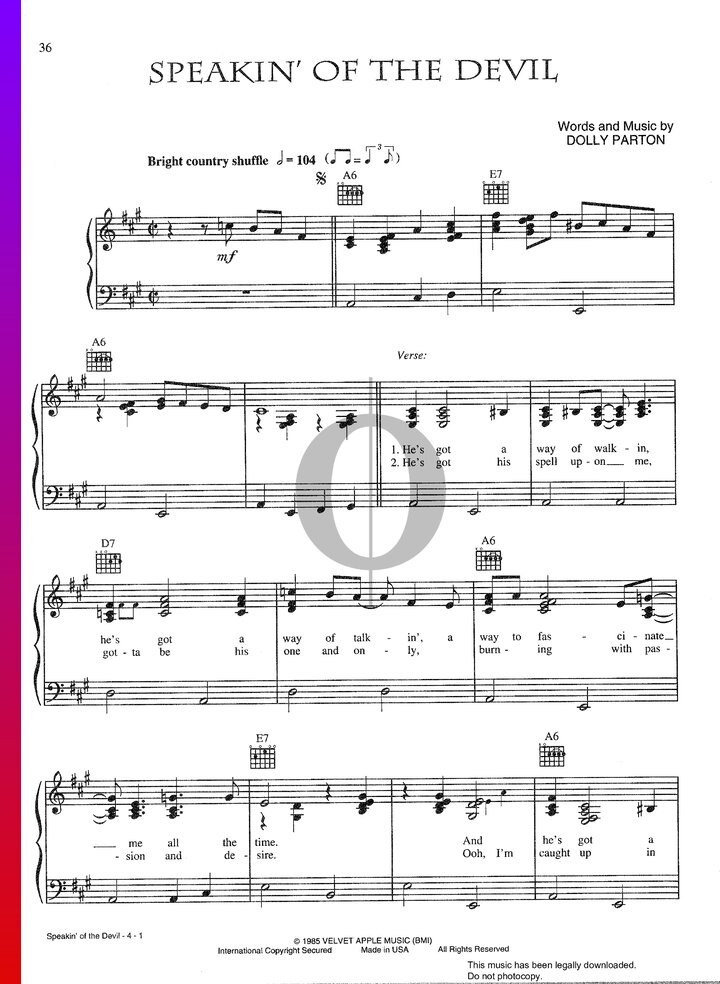 Speakin' Of The Devil (Dolly Parton) Piano Sheet Music - OKTAV
