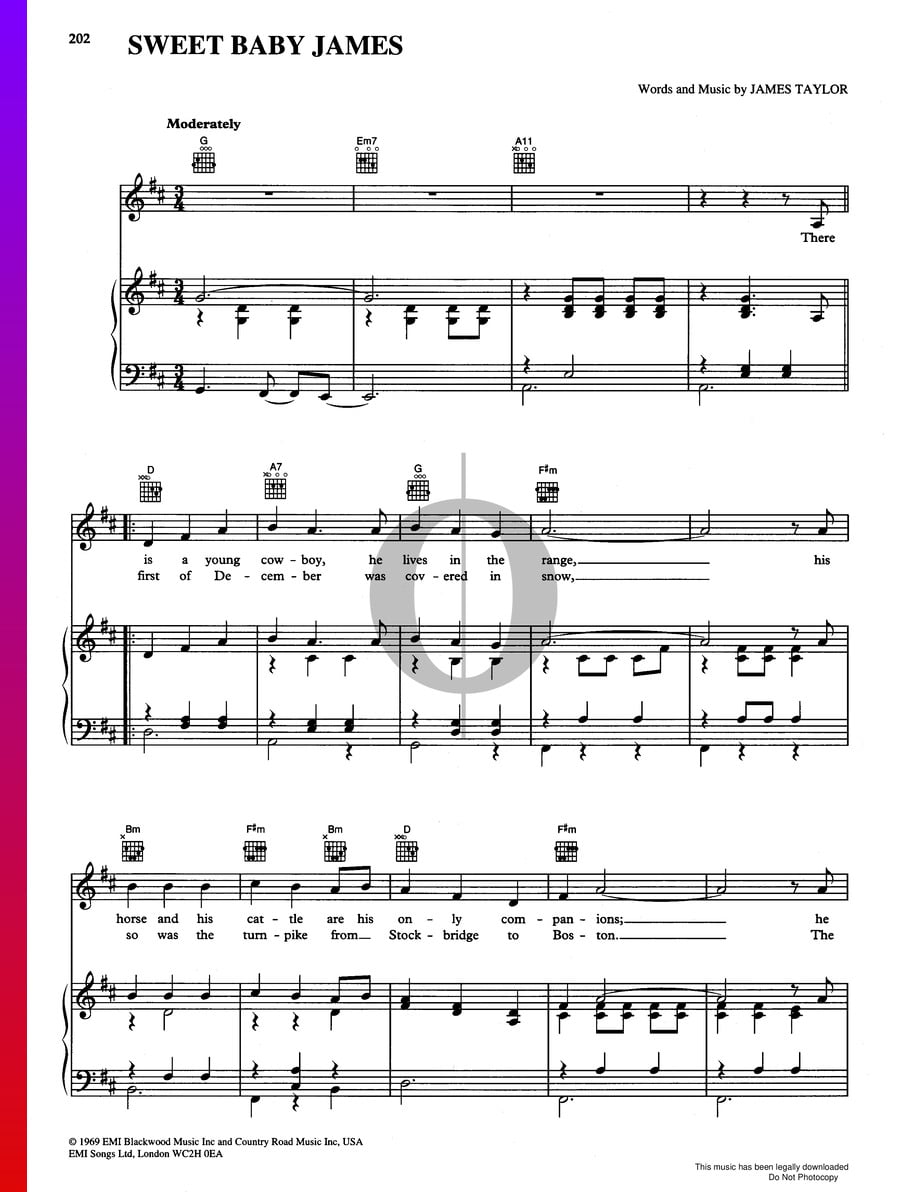 Sweet Baby James (James Taylor) Piano Sheet Music - OKTAV