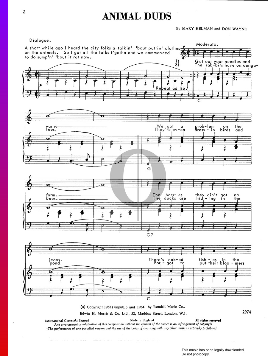 Animal Duds (Mary Helman, Don Wayne) Piano Sheet Music - OKTAV
