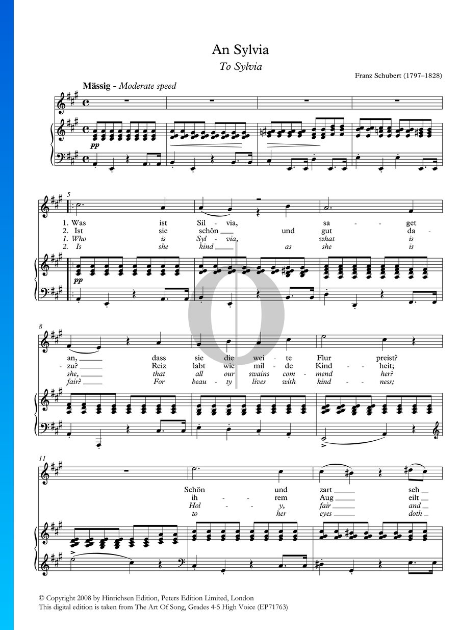 To Sylvia, Op. 106 No. 4, D. 891 (Franz Schubert) Piano Sheet Music - OKTAV