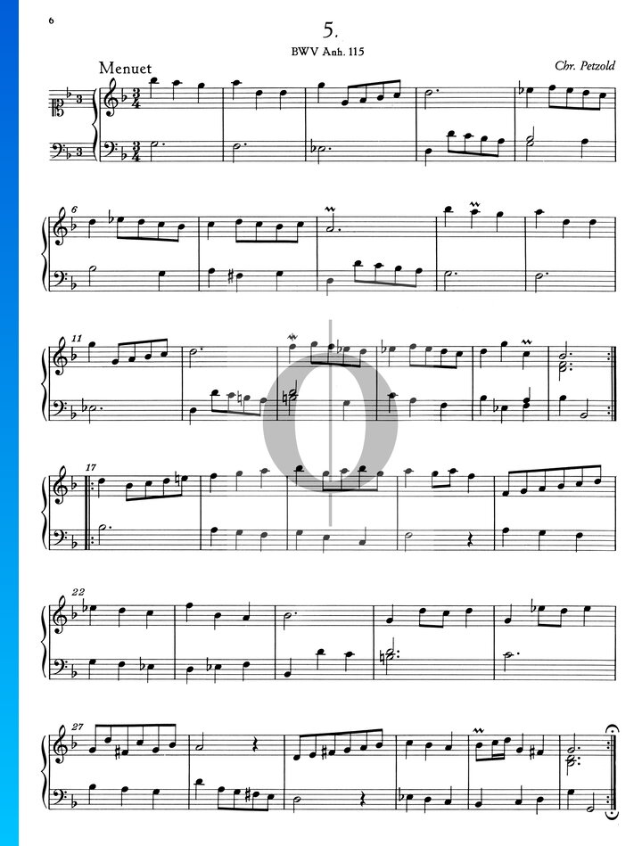 Minueto en sol menor, BWV Anh. 115 » Christian Petzold - Partituras de piano - OKTAV
