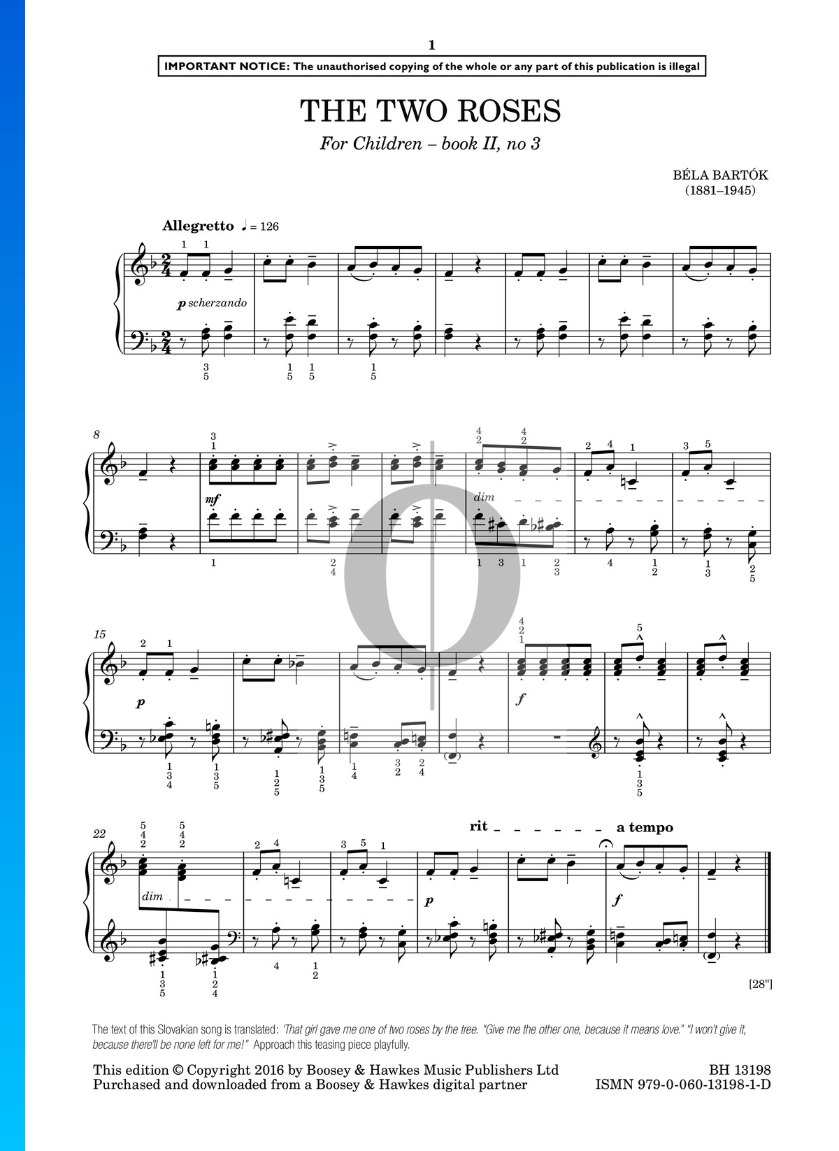 Pour les enfants, Sz. 42 Vol. 2: n° 3 The Two Roses » Béla Bartók ...