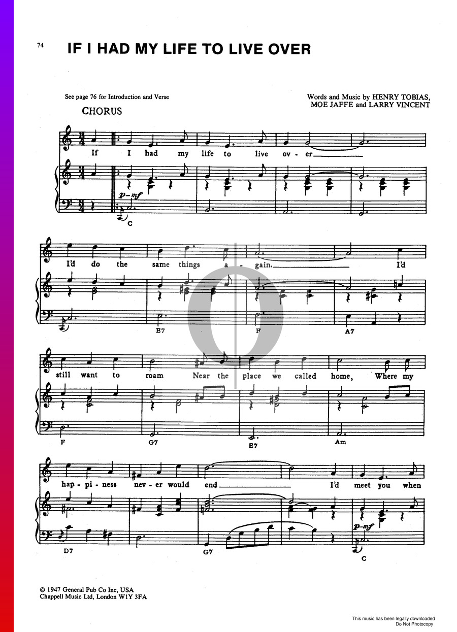 If I Had My Life To Live Over Sheet Music (Piano, Voice) - OKTAV