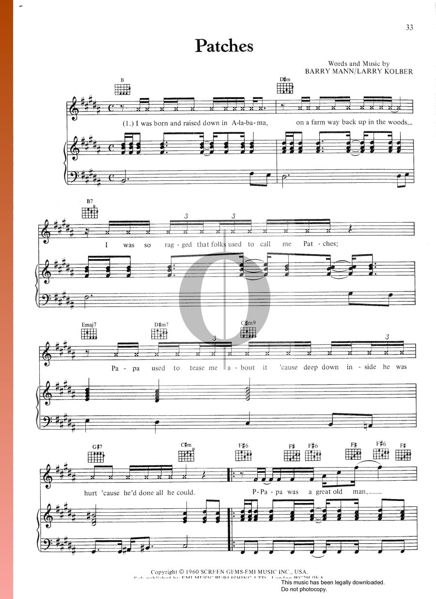Patches (Dickey Lee) Piano Sheet Music - OKTAV