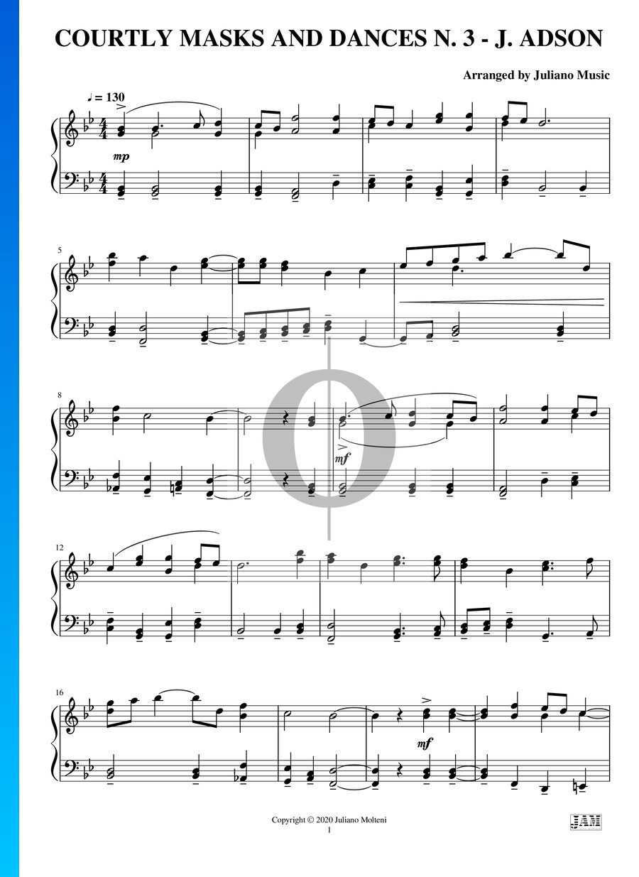 Courtly Masks And Dances, No. 3 (John Adson) Piano Sheet Music - OKTAV