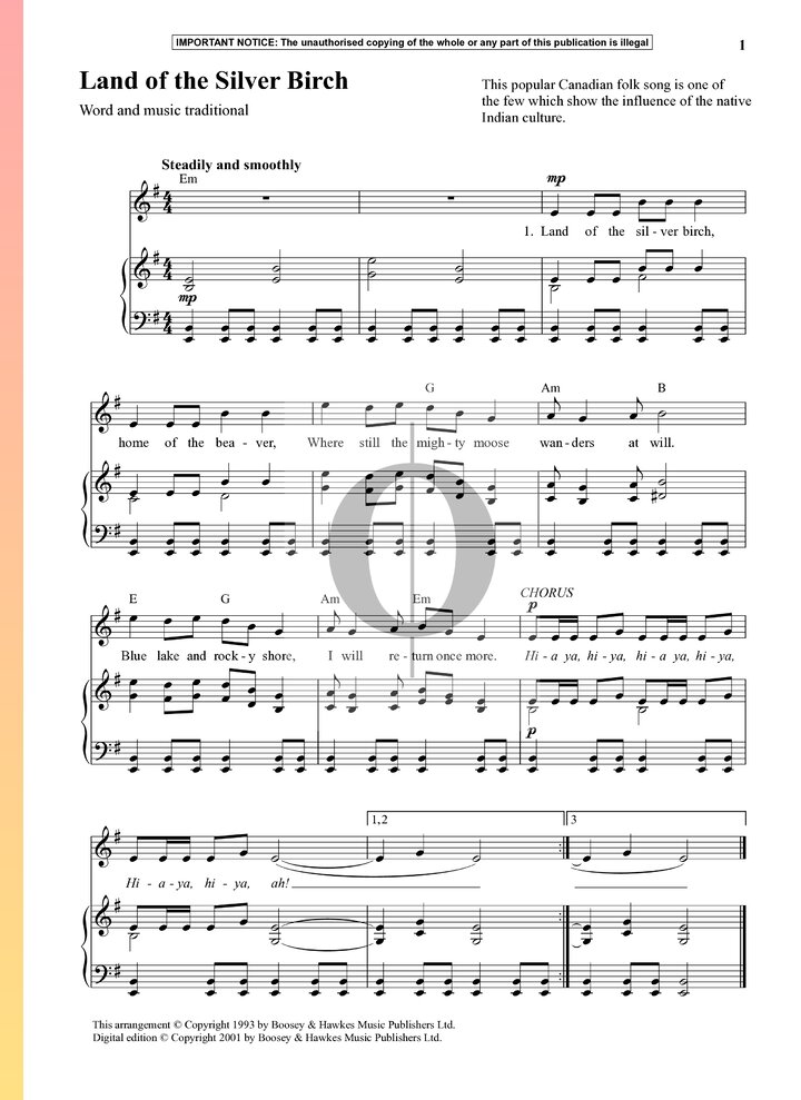 Land Of The Silver Birch (Anonymous) Piano Sheet Music - OKTAV