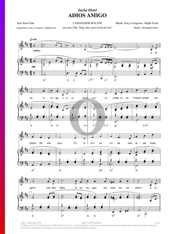 Adios Amigo (Sacha Distel) Piano Sheet Music - OKTAV