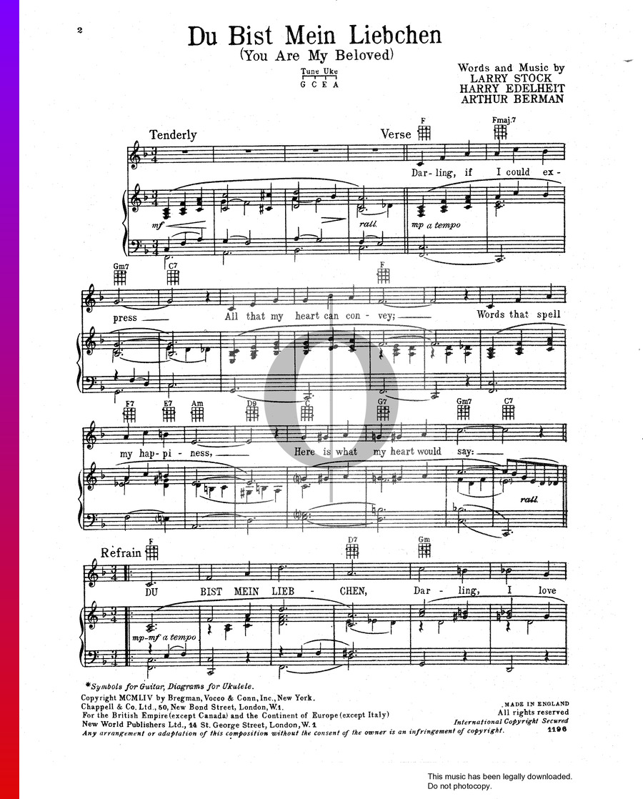 Du Bist Mein Liebchen (You Are My Beloved) (Vera Lynn) Piano Sheet ...