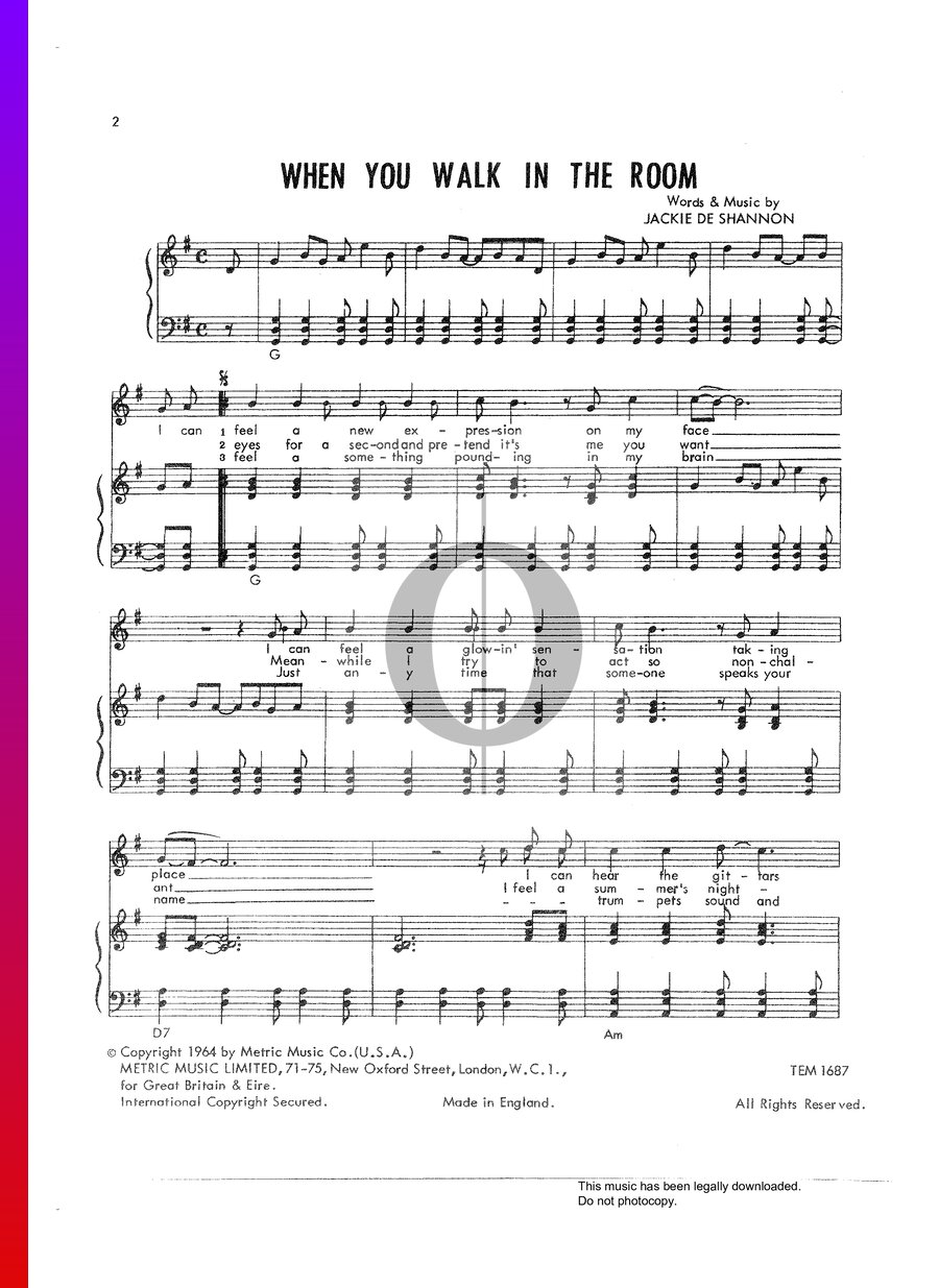 When You Walk In The Room (Jackie DeShannon) Piano Sheet Music - OKTAV