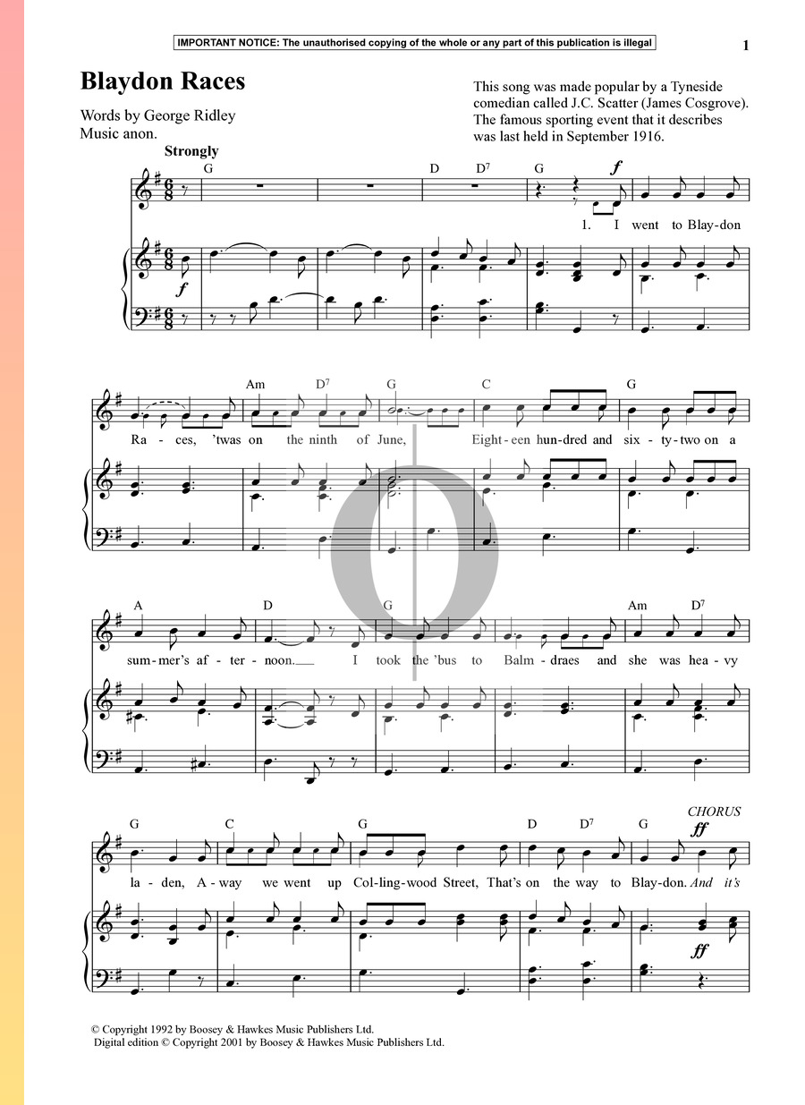 Blaydon Races (Anonymous) Piano Sheet Music - OKTAV