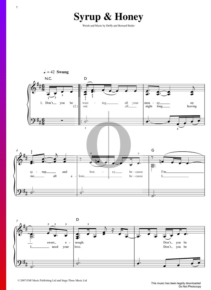 Syrup & Honey (Duffy) Piano Sheet Music - OKTAV