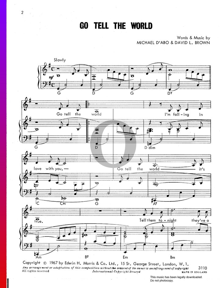 Go Tell The World (Michael D'Abo, David L. Brown) Piano Sheet Music - OKTAV