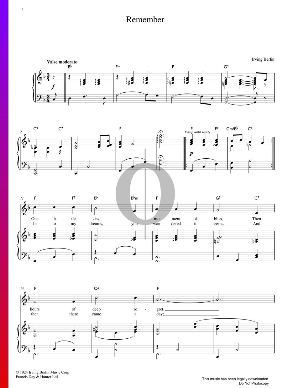 Remember (Bing Crosby) Piano Sheet Music - OKTAV