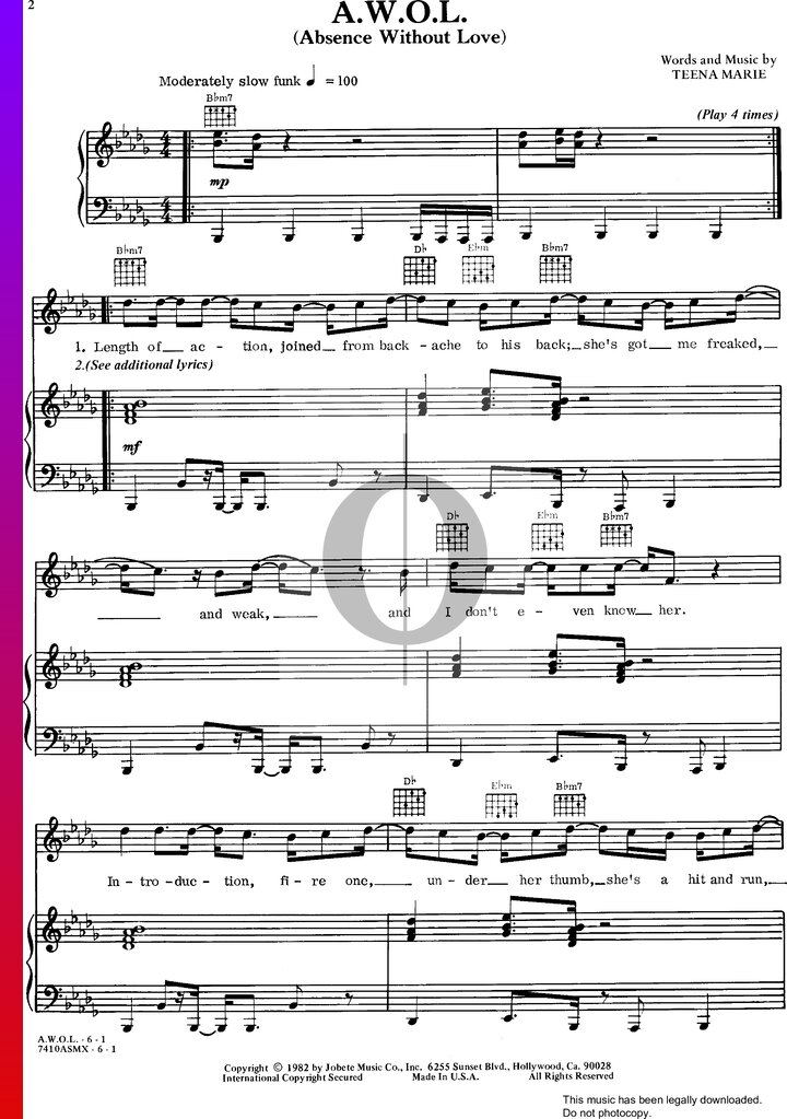 AWOL (Absence Without Love) (Carl Anderson) Piano Sheet Music - OKTAV