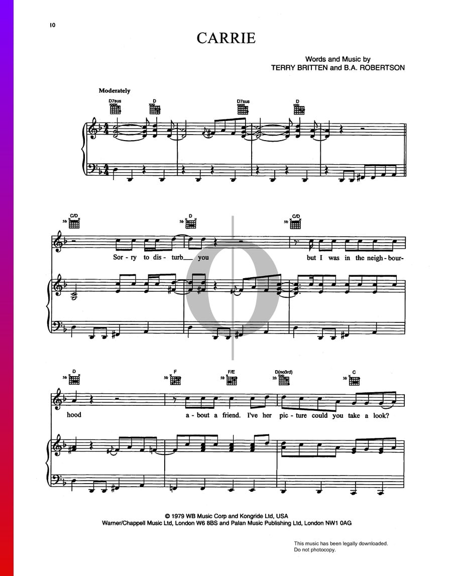 Carrie (Cliff Richard) Piano Sheet Music - OKTAV