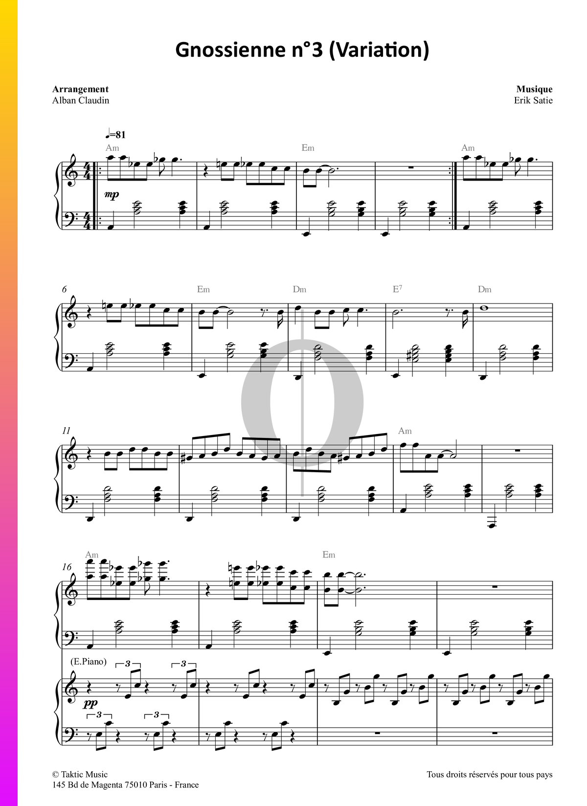 Gnossienne n°3 (Variation) (Alban Claudin, Erik Satie) Piano Sheet ...