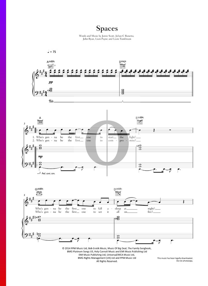 Spaces (One Direction) Piano Sheet Music - OKTAV