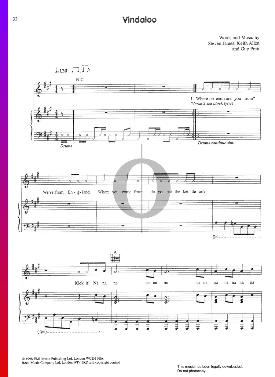 Vindaloo (Fat Les) Piano Sheet Music - OKTAV