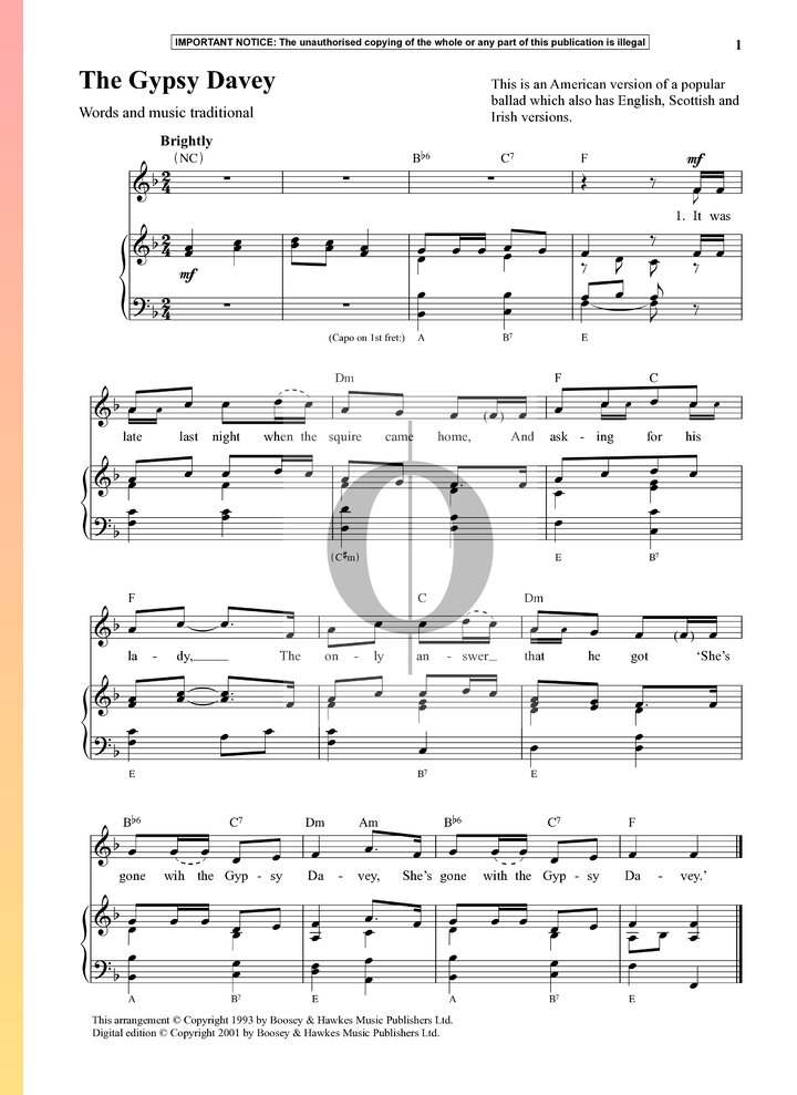 The Gypsy Davey (Anonymous) Piano Sheet Music - OKTAV