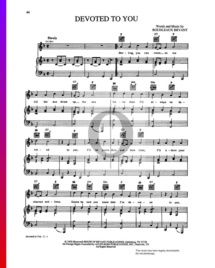 Devoted To You (The Everly Brothers) Piano Sheet Music - OKTAV