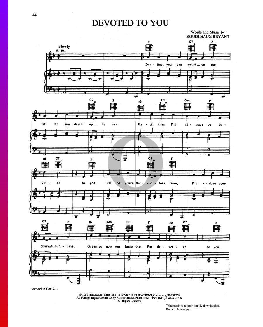 Devoted To You (The Everly Brothers) Piano Sheet Music - OKTAV