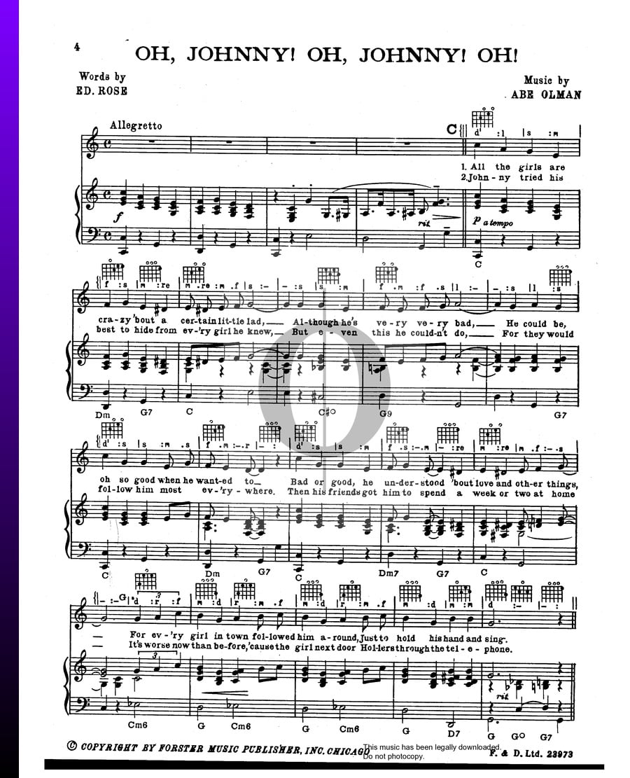 Oh, Johnny! Oh, Johnny! Oh! (The Andrews Sisters) Piano Sheet Music - OKTAV