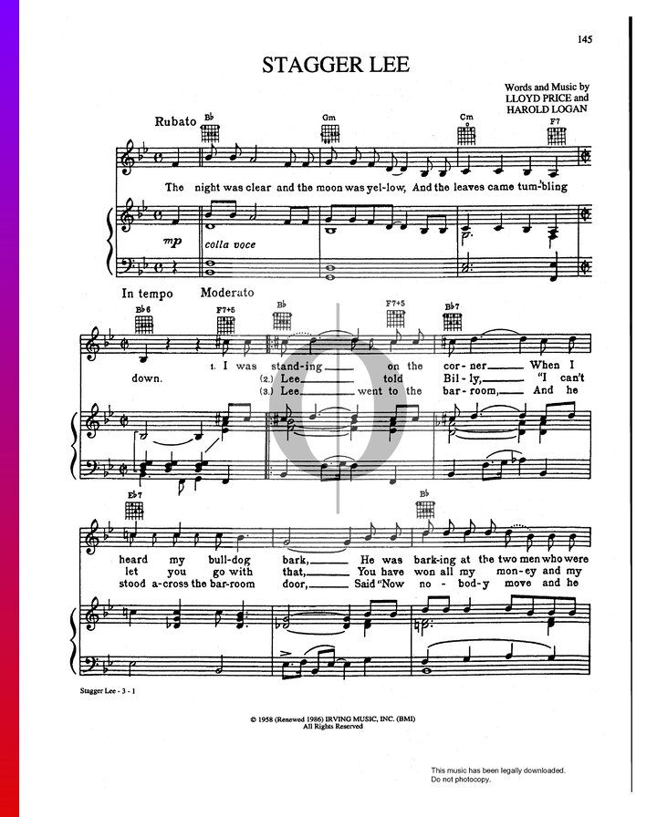 Stagger Lee (Lloyd Price) Piano Sheet Music - OKTAV