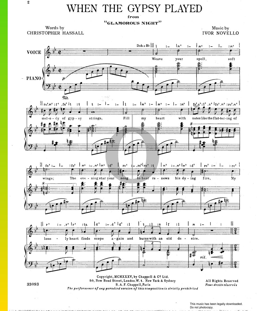 When The Gypsy Played (Ivor Novello) Piano Sheet Music - OKTAV