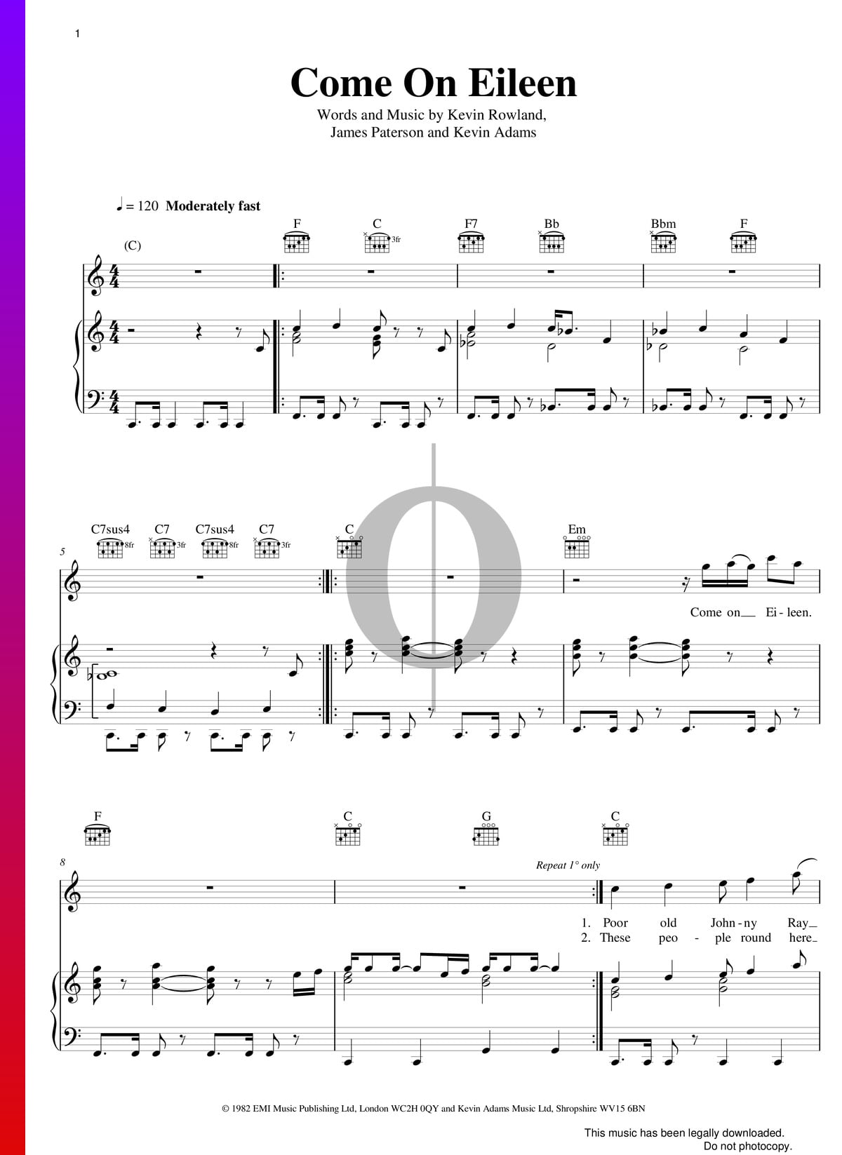 Come On Eileen Dexys Midnight Runners Piano Sheet Music OKTAV Come On Eileen Dexys Midnight Runners Piano Sheet Music OKTAV