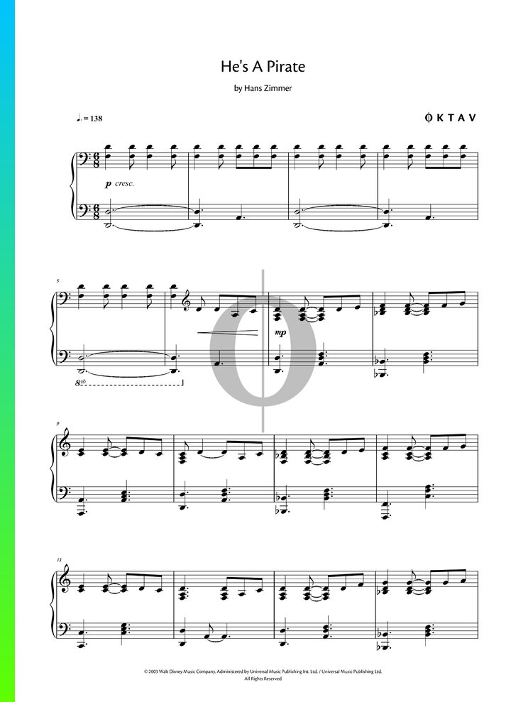 He's A Pirate Piano Sheet Music from Pirates of the Caribbean by Hans ...