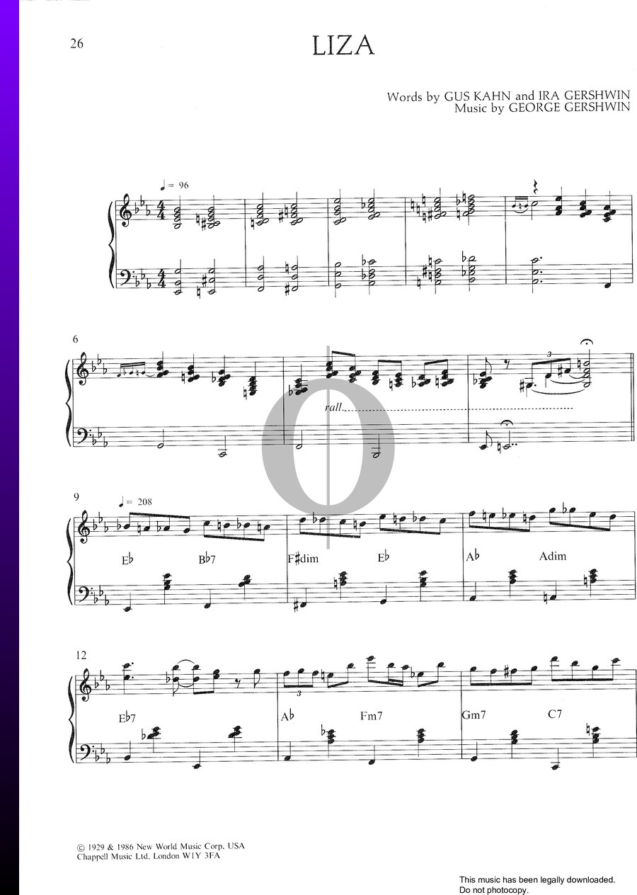 Liza (All The Clouds'll Roll Away) (George Gershwin) Piano Sheet Music ...