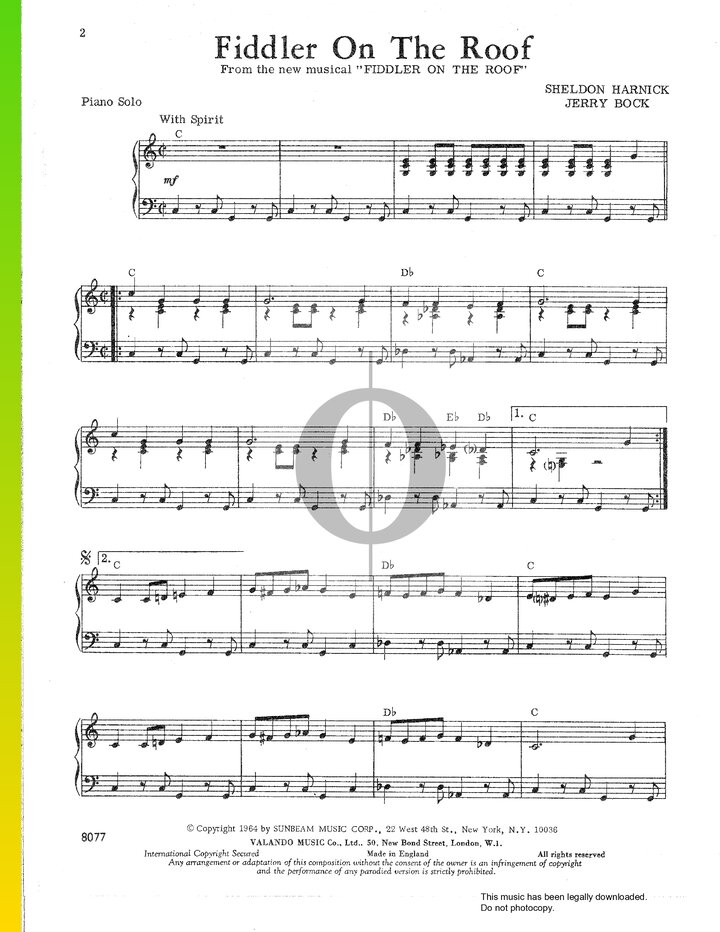 Fiddler On The Roof (Jerry Bock, Sheldon Harnick) Piano Sheet Music - OKTAV