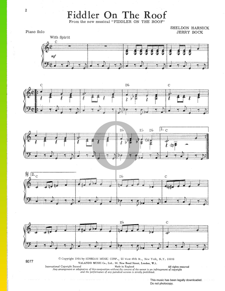 Fiddler On The Roof (Jerry Bock, Sheldon Harnick) Piano Sheet Music - OKTAV