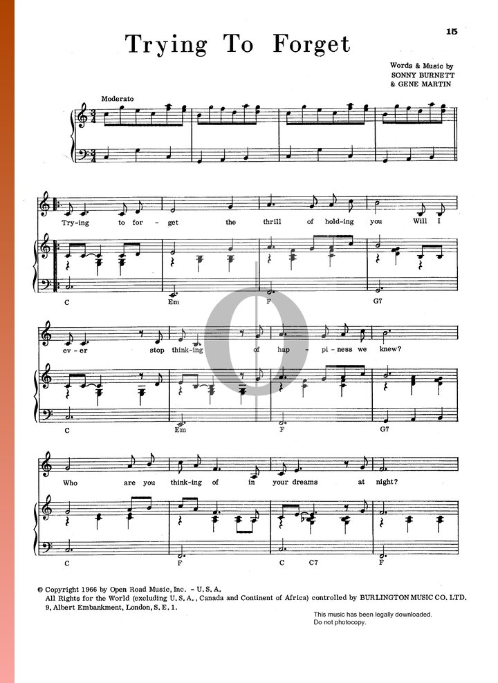 Trying To Forget (Jim Reeves) Piano Sheet Music - OKTAV