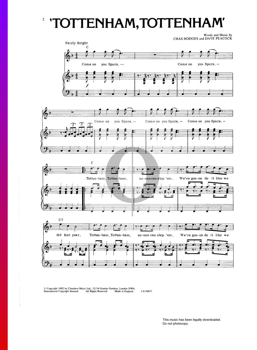 Tottenham, Tottenham (Chas & Dave) Piano Sheet Music - OKTAV