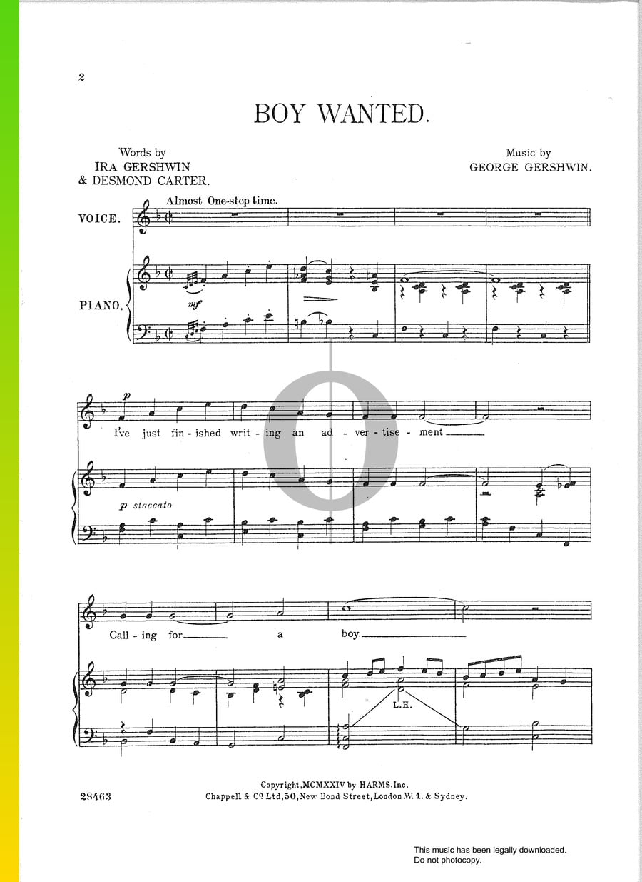 Boy Wanted (George Gershwin) Piano Sheet Music - OKTAV