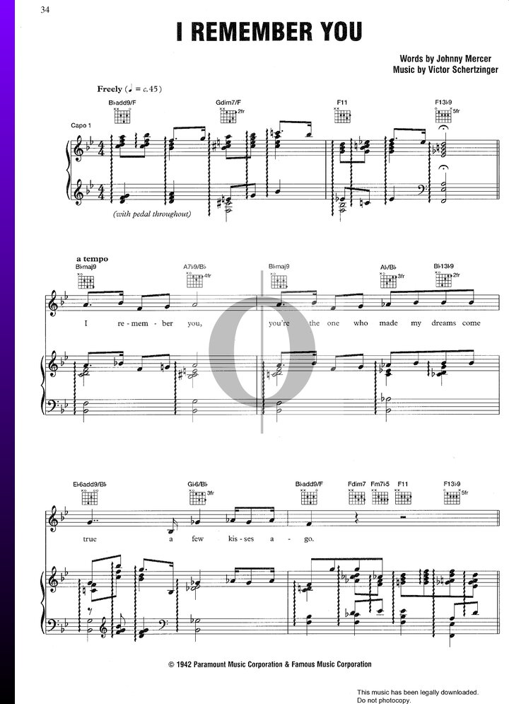 I Remember You (Victor Schertzinger) Piano Sheet Music - OKTAV
