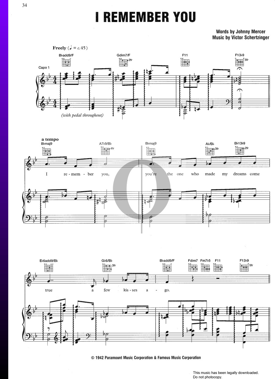 I Remember You (Victor Schertzinger) Piano Sheet Music - OKTAV